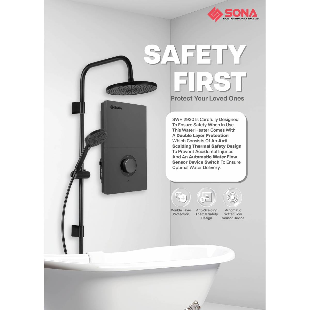 SONA 3.3kW Rain Shower Instantaneous Water Heater (DC Pump With ELCB ...