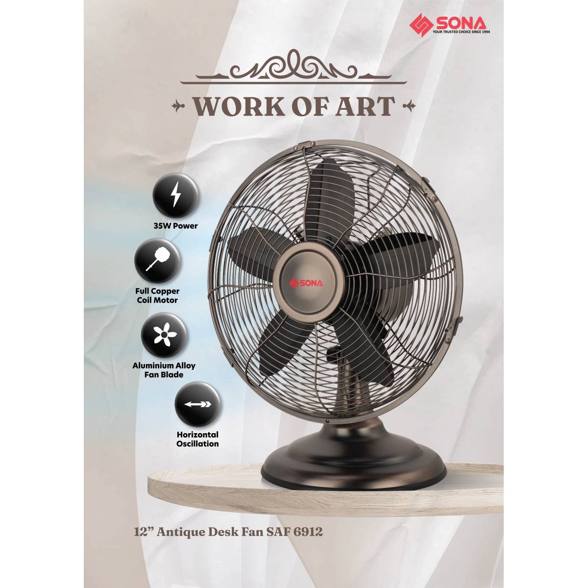 SONA 12″ Antique Desk Fan SAF 6912