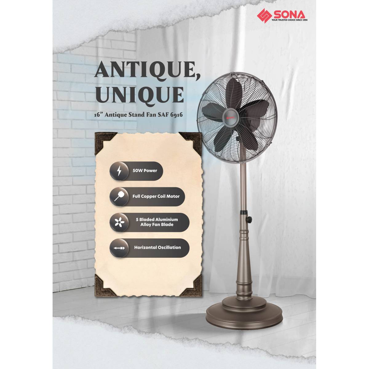 SONA 16″ Antique Stand Fan SAF 6916