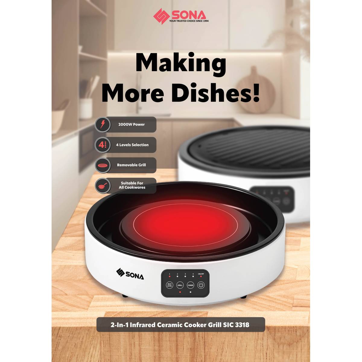 SONA 2-In-1 Infrared Ceramic Cooker Grill SIC 3318